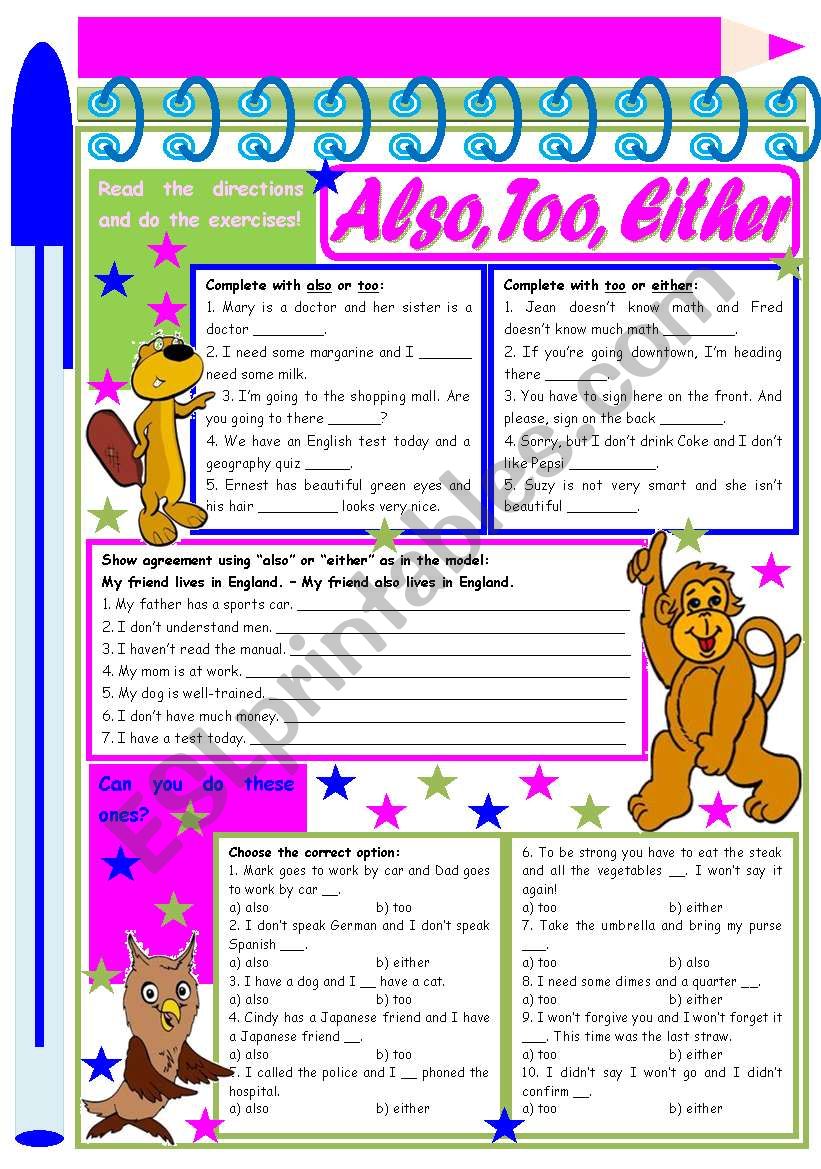 Also, Too, Either - – exercises to provide practice and understanding ...